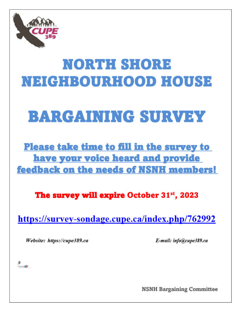 NORTH SHORE NEIGHBOURHOOD HOUSE BARGAINING SURVEY – CUPE 389